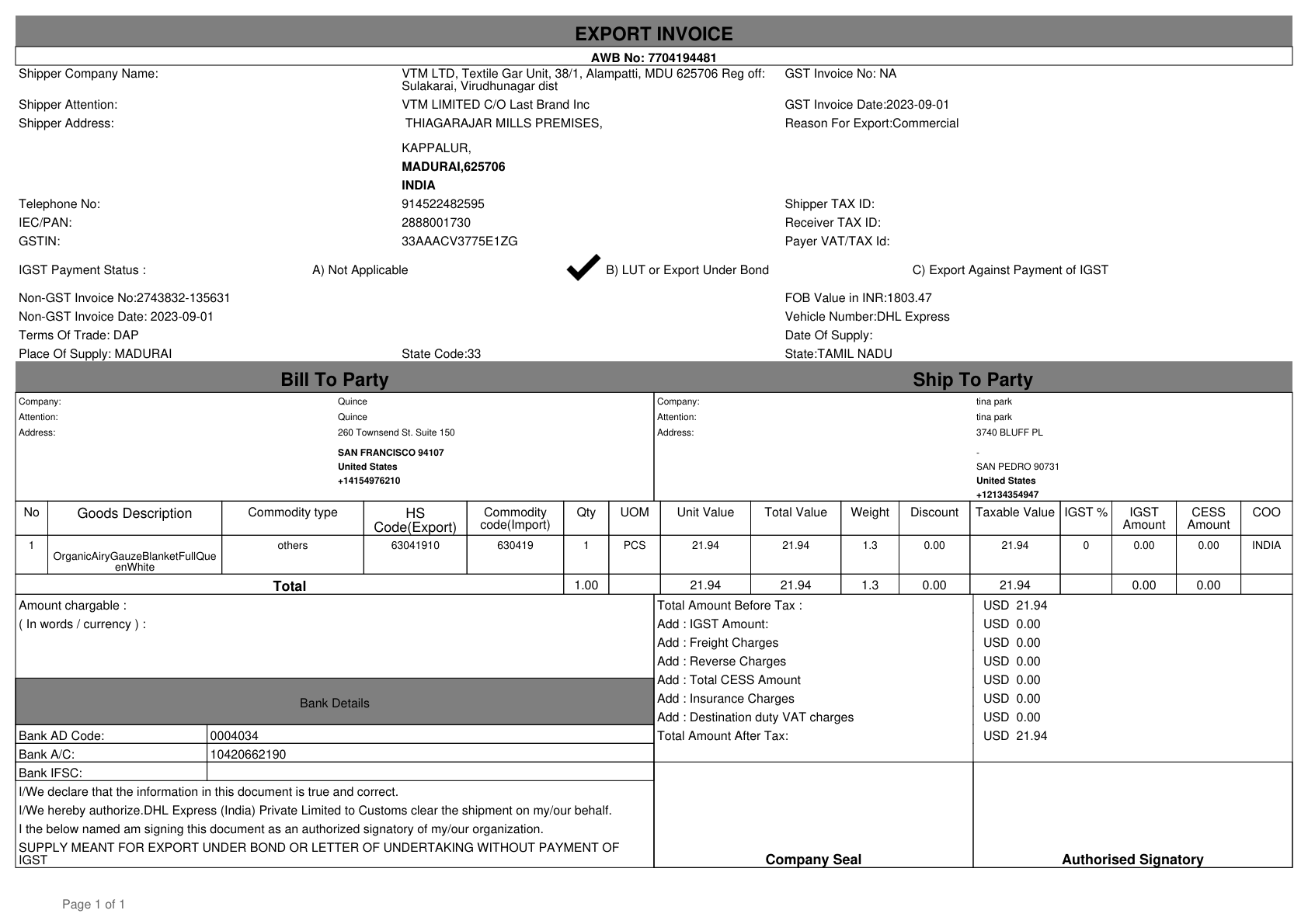 VTM Export Invoice Object Detection Dataset and Pre-Trained Model by Vishwajith J